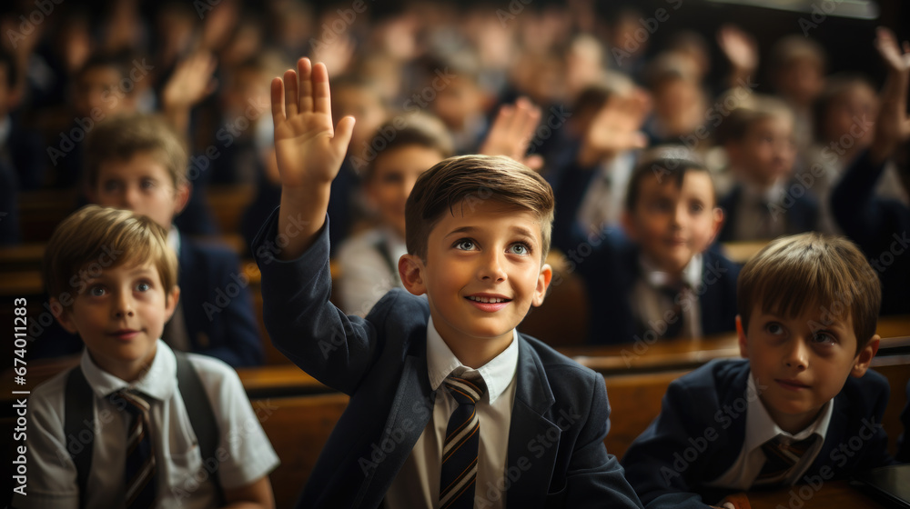 student at a desk in a school class raises his hand, child, smart kid ...