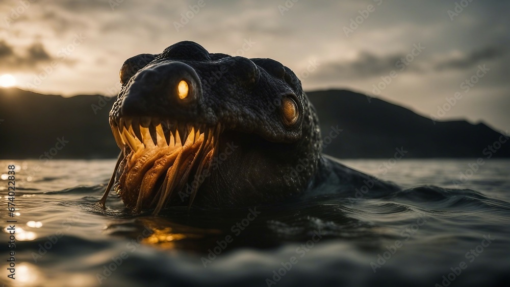 evil future alien creature, A massive and fearsome horror monster with scaly skin, glowing ...