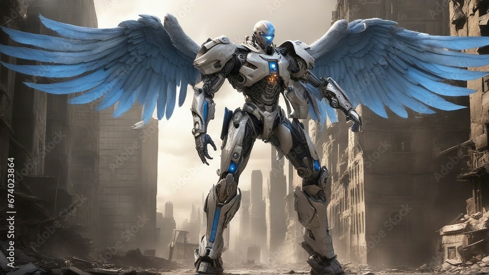 angel wings on the sky cyborg with ripped flesh revealing a robot under ...
