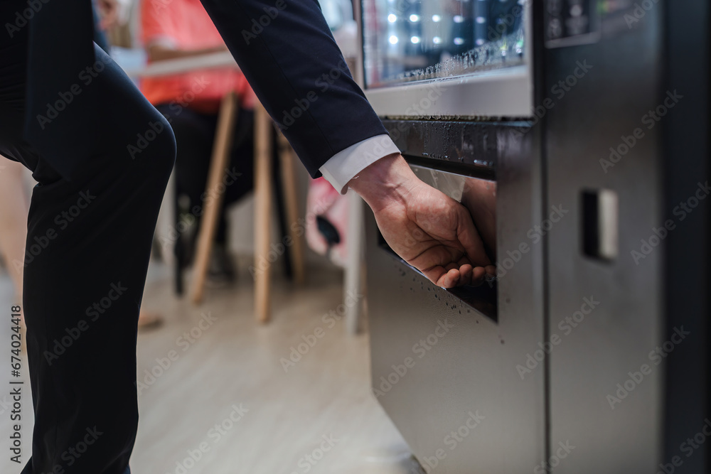 hand pushing button on vending machine operation panel. Hand man use of ...