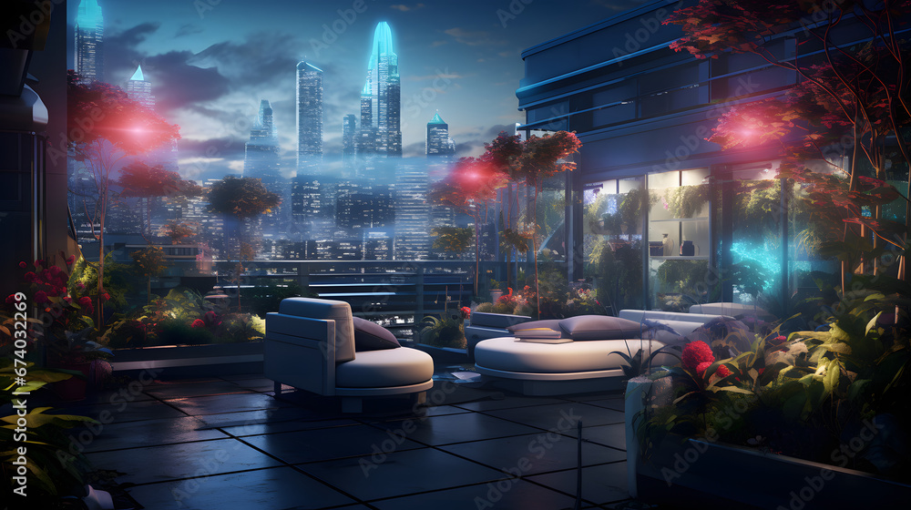 Holographic gardens on a rooftop terrace, cyberpunk style, cyberpunk ...