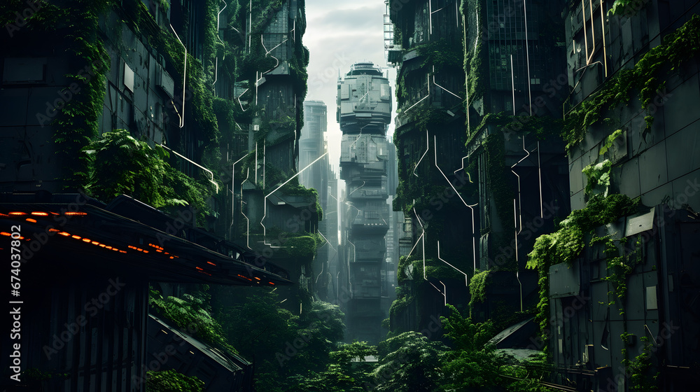 Techno-organic vines overtaking a skyscraper, cyberpunk style ...