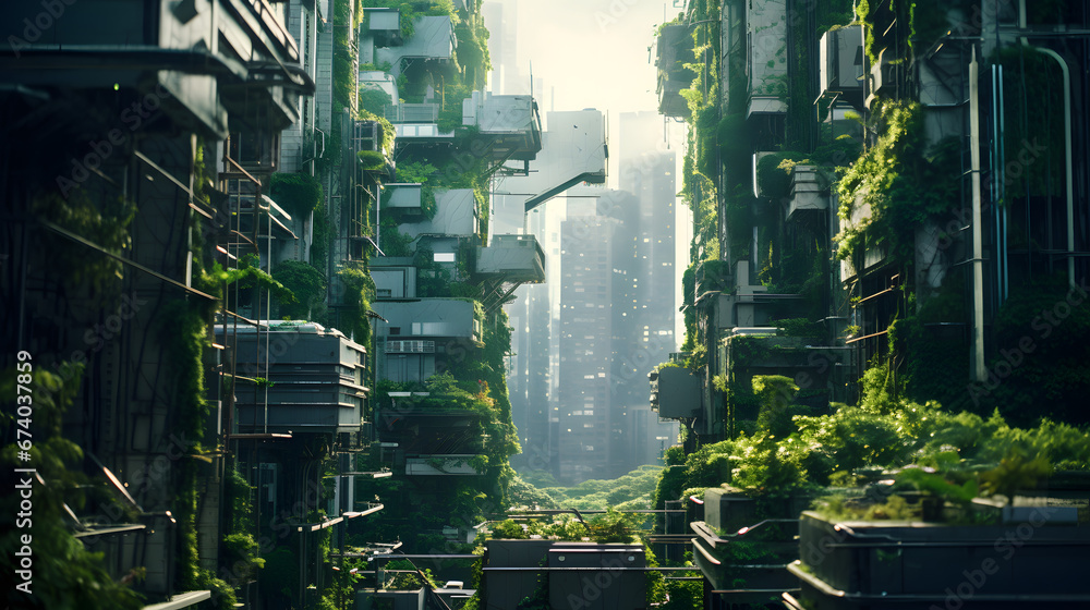 Techno-organic vines overtaking a skyscraper, cyberpunk style ...