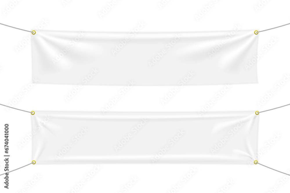 White textile banners with folds. Blank hanging fabric template ...