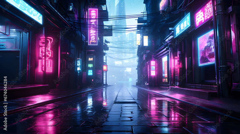Holographic street signs in a rain-soaked alley, cyberpunk style ...