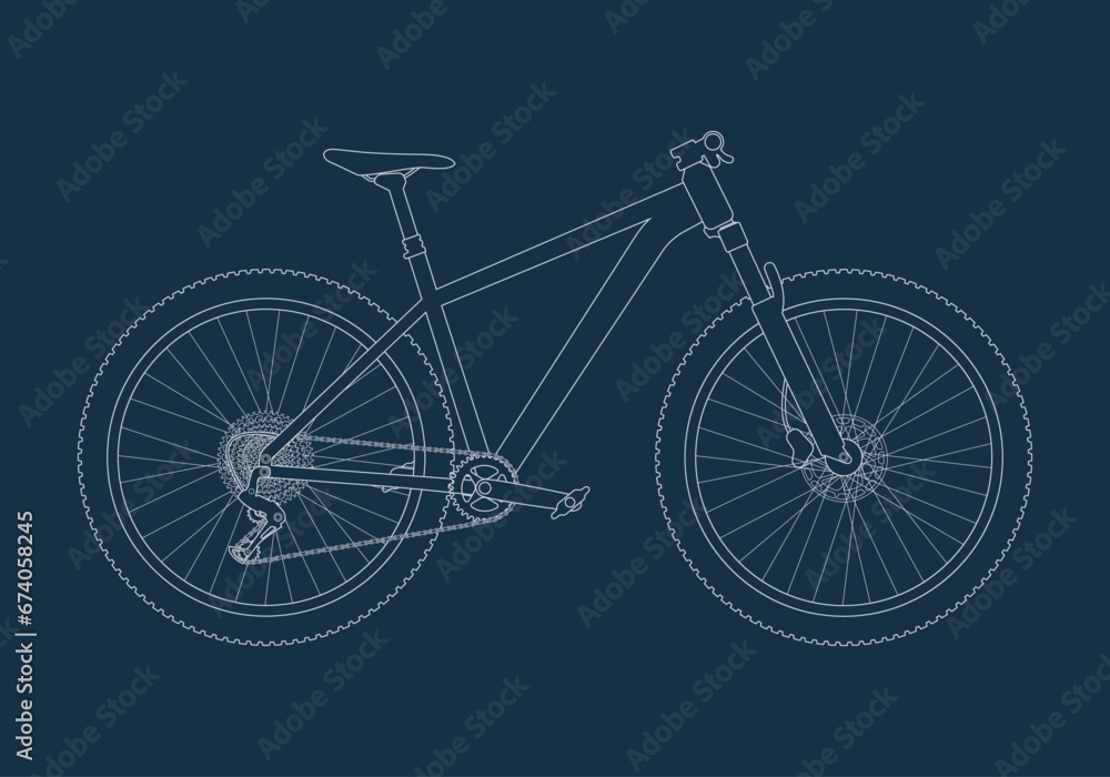 Mountain bike, cross country, mtb, downhill bicycle in outline sketch ...