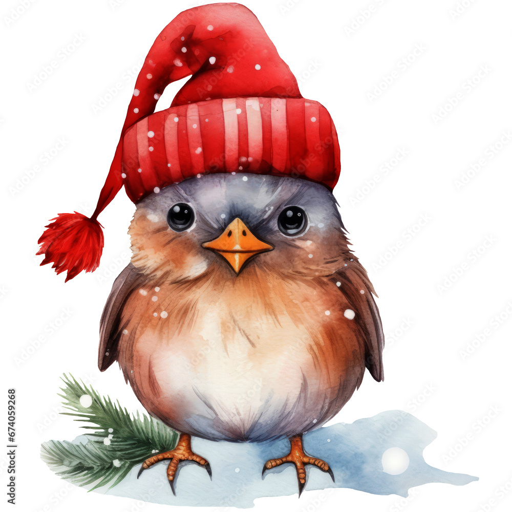 Watercolor Christmas cute bird with Santas hat clipart, cute watercolor ...