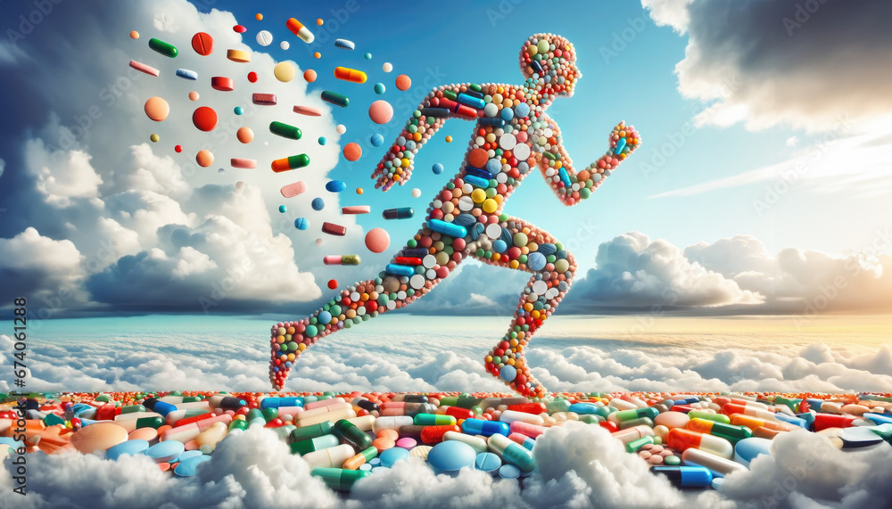 Sports nutritional supplement concept with runner figure made from ...