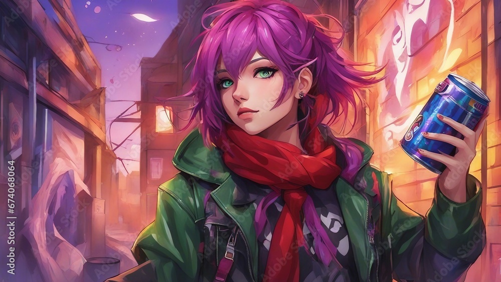 inspired anime cartoon, anime A cool anime girl, graffiti artist, using ...