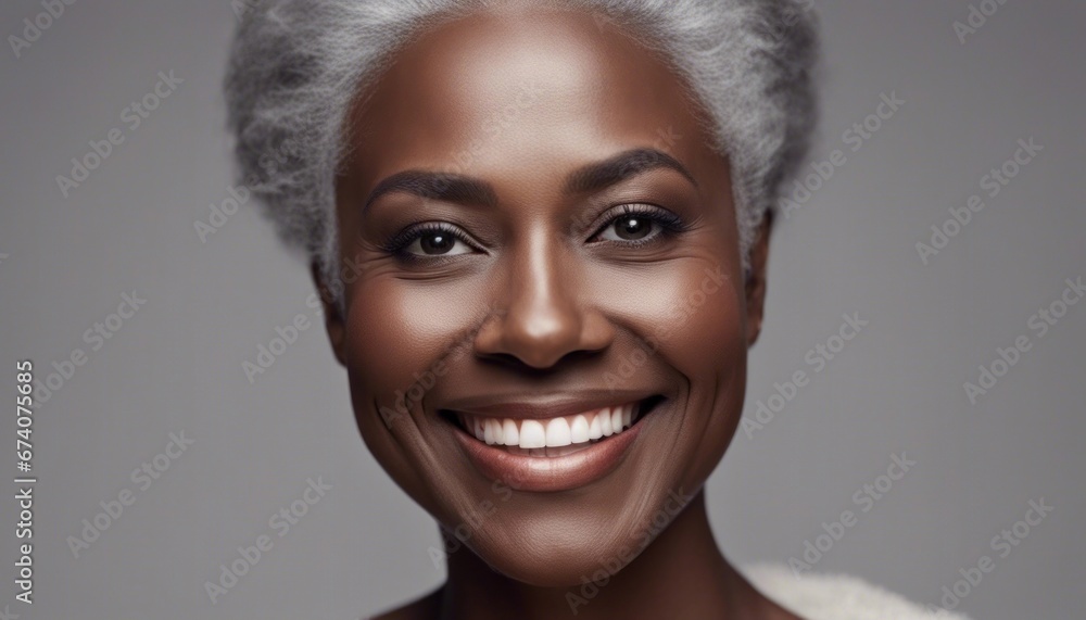 Dark skin woman with smooth healthy face skin. Beautiful aging mature ...
