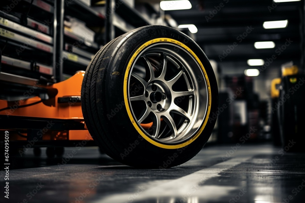 Racing car wheels and shock absorber in a garage. Generative AI Stock ...