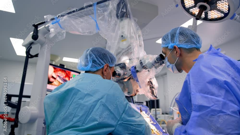 Uniformed surgeons look into microscope performing operation. Screen at ...