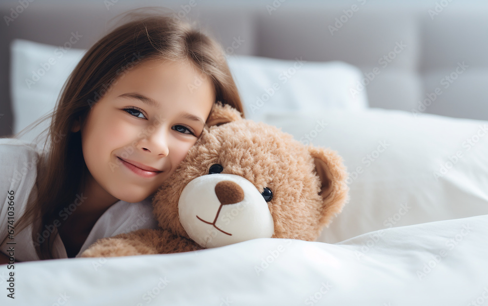 Cute little fair-skinned child girl hugging teddy bear. Love and ...