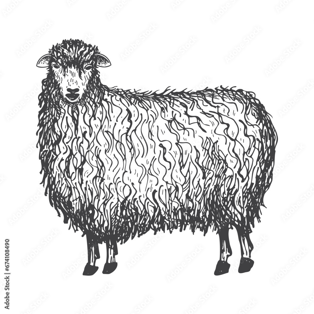 Sheep hand drawn vector illustration farm animal with engraving on ...