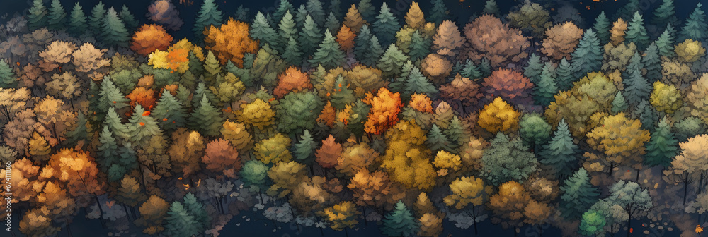 Autumn forest from bird's eye view, rendered in a pixel art style ...