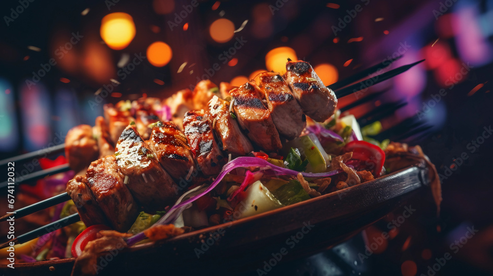 Collage style, rotating kebab skewer, layered with cut-out text and ...