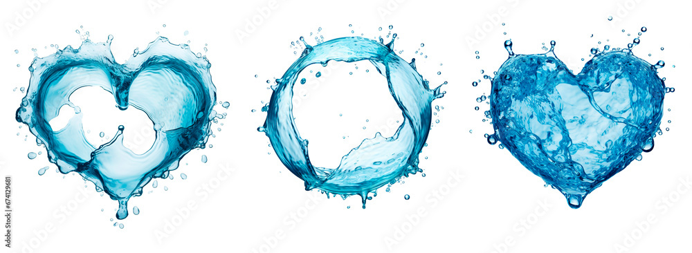 Set of splashes of water with heart shapes and round shape on white ...