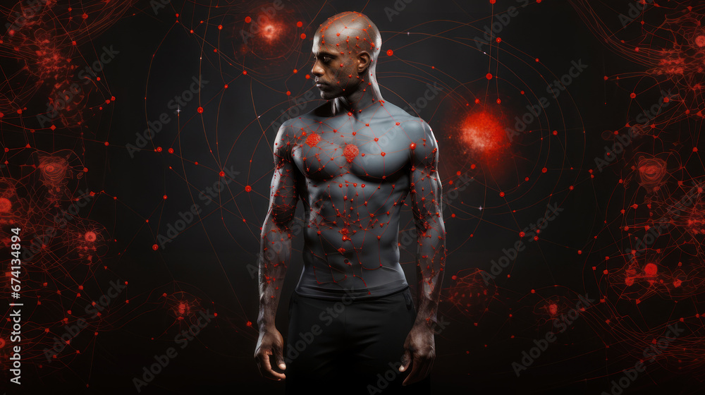 Black man with glowing red human body on black background. Pain dots ...