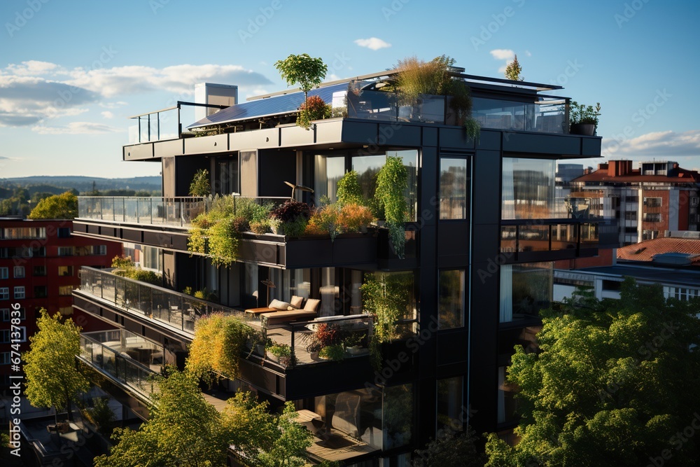 Bâtiment, immeuble moderne vitré et bien arboré par une journée ...