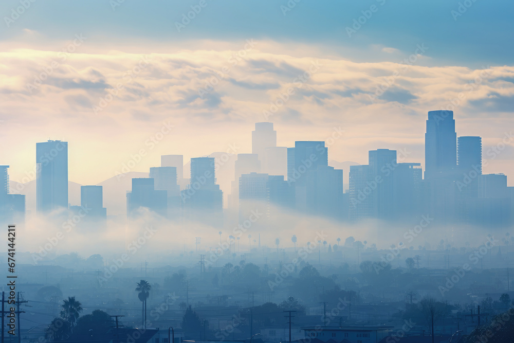 Urban smog blanket. Hazy, smog-blanketed skyline of a metropolis, with ...