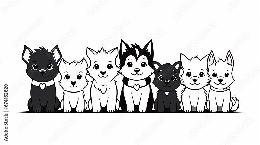cartoon dogs sitting in a row isolated on a white background, sketch ...