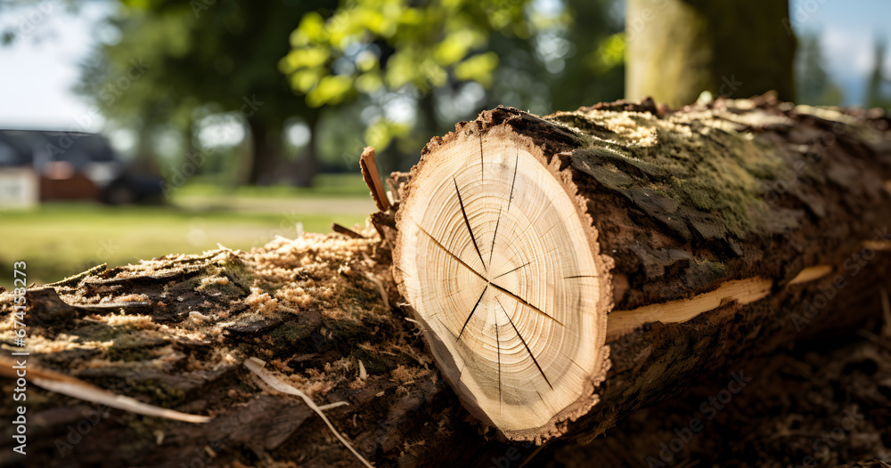 Freshly cut log with visible tree rings and sawdust, highlighting the ...