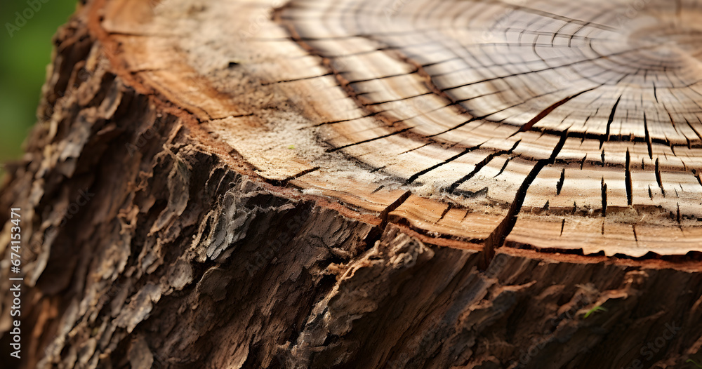 Detailed close-up of tree rings on a cross-section of a tree trunk ...