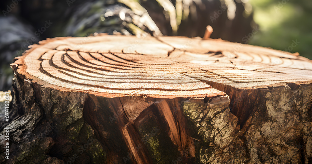 Detailed close-up of tree rings on a cross-section of a tree trunk ...