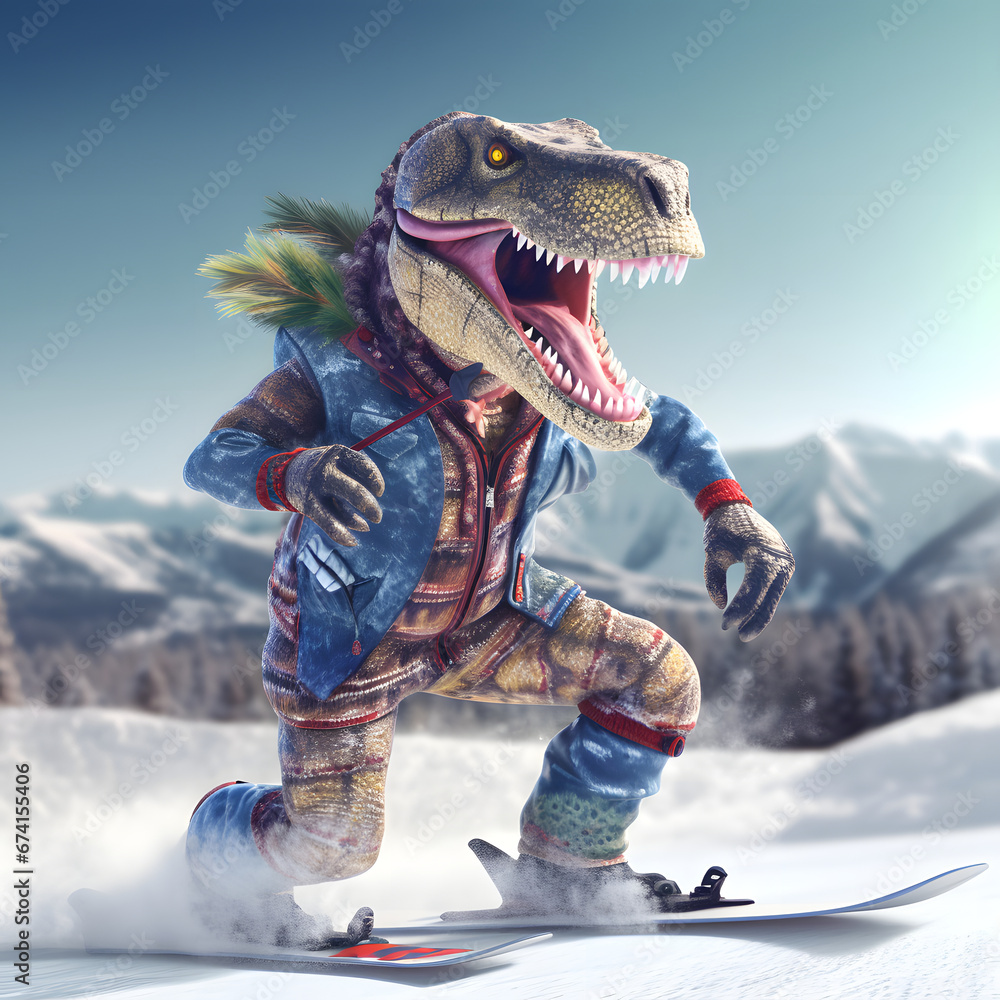 Dinosaur with skis on a snow track run downhill in a beautiful alpine ...