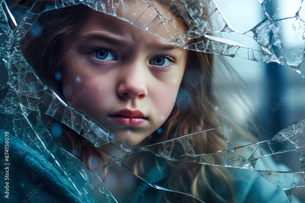 Sad little girl looking through broken glass, emotional stress ...
