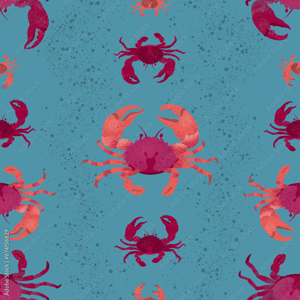 Stylized flat crabs, seamless pattern. A set of crustaceans. A marine ...