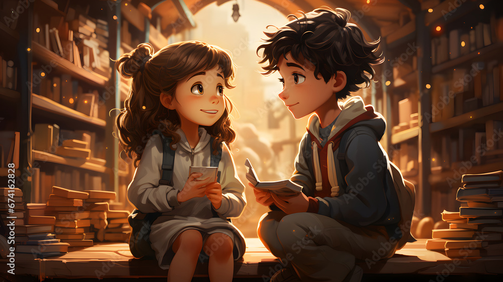 two children sitting in a bookstore, looking at shelves filled with ...