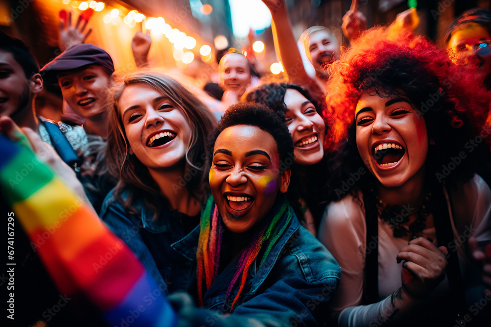 LGBT community celebrating gay pride day festival. Group of diverse ...