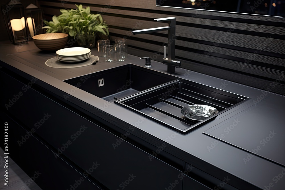 An elevated and detailed perspective of an integrated single basin sink ...