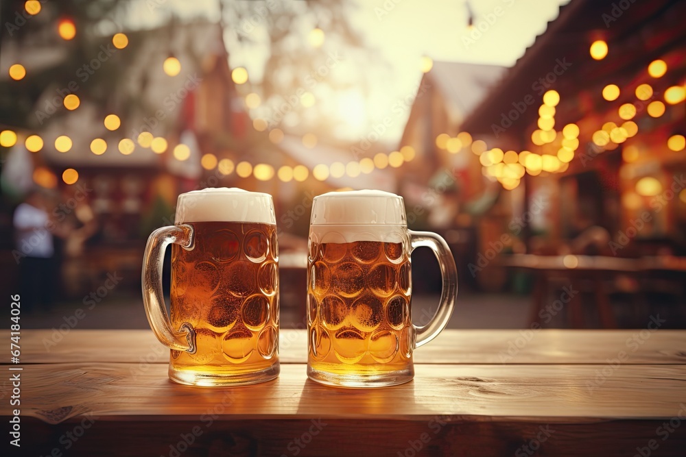 Two beers one light and one dark sit on a table amid blurred festival ...