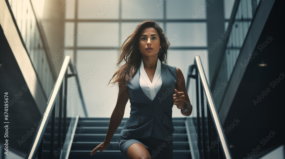 Black business woman running on a stairs toward the camera on an office ...