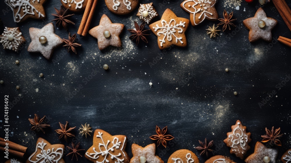 Festive shortbread cookies of different shapes flat top view border ...