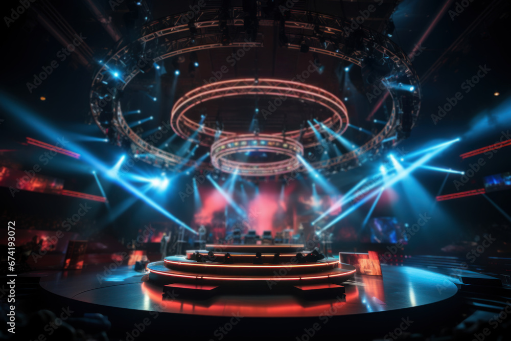 Stage production set with a circular light truss in a live venue ...