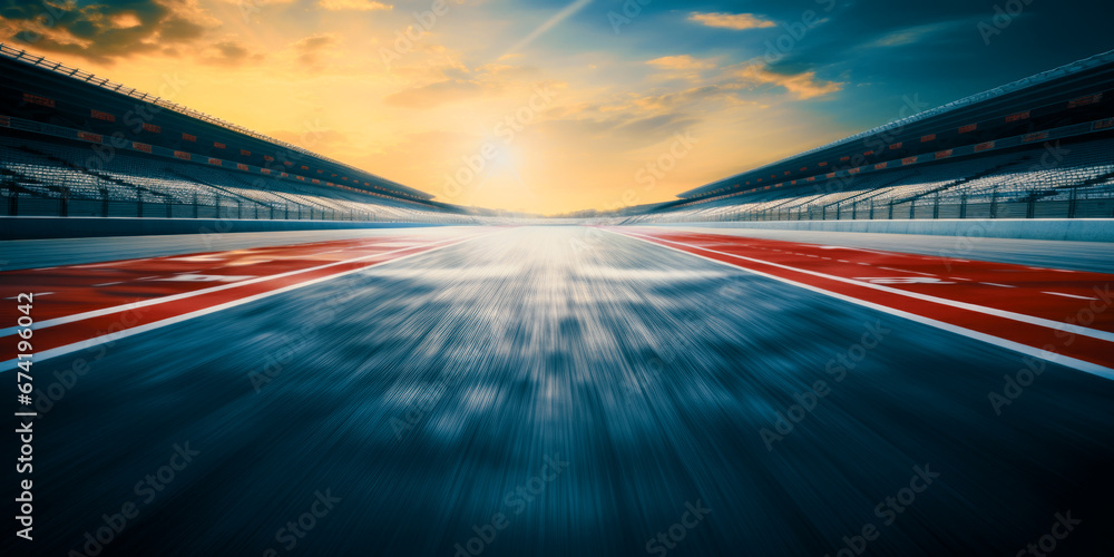 F1 race track circuit road with motion blur and grandstand stadium for ...
