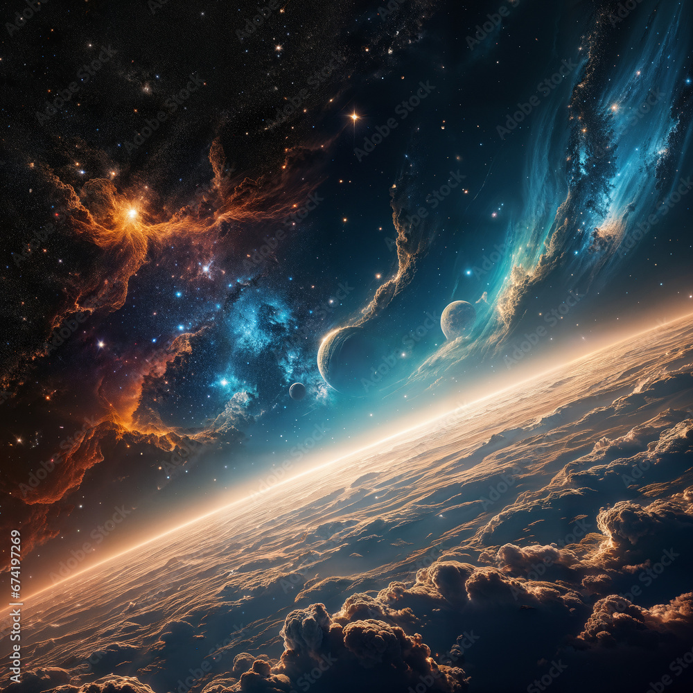 Beautiful space with a lot of stars and cosmic clouds in red, yellow ...