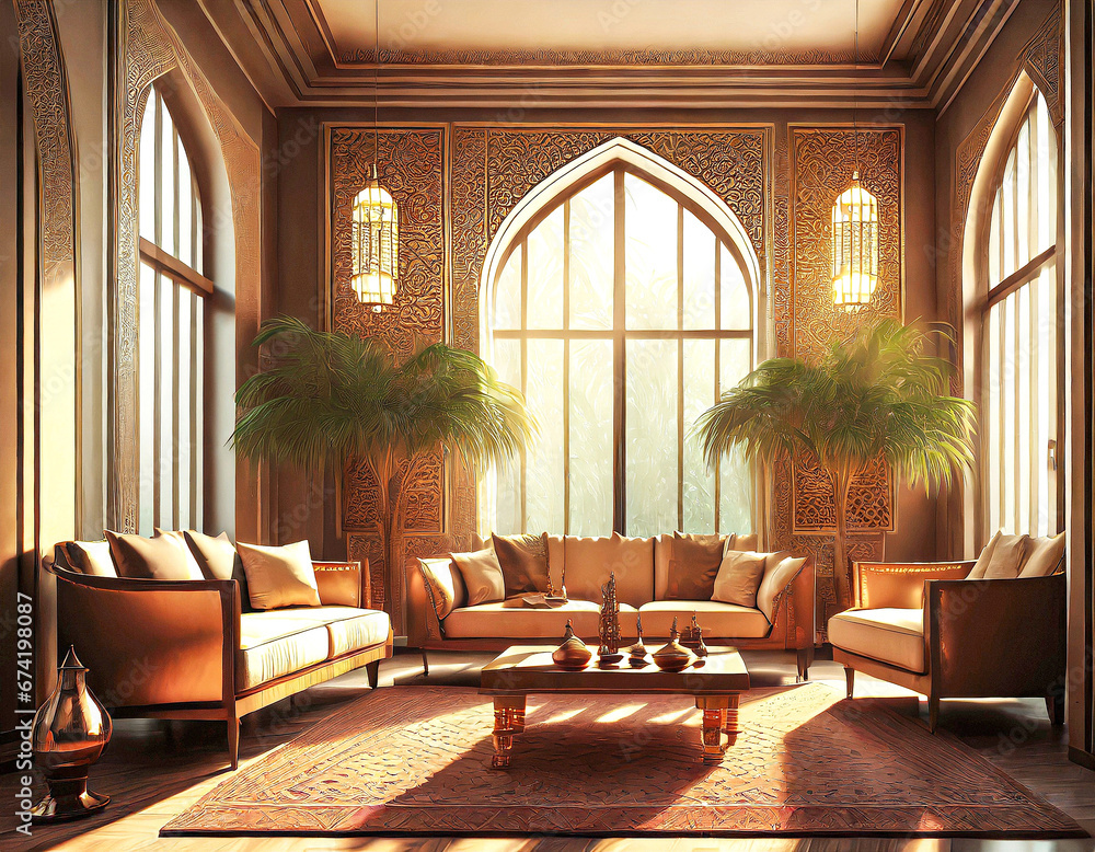 Luxurious Arabian living room interior, with midday light reflections ...