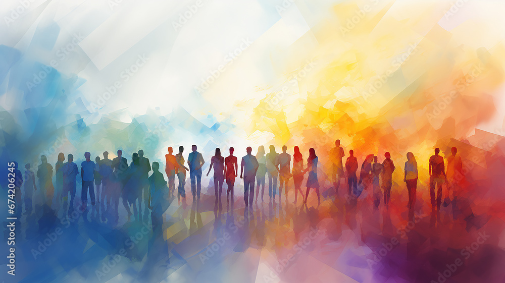multicolored crowd, a row of silhouettes of people , drawing watercolor ...