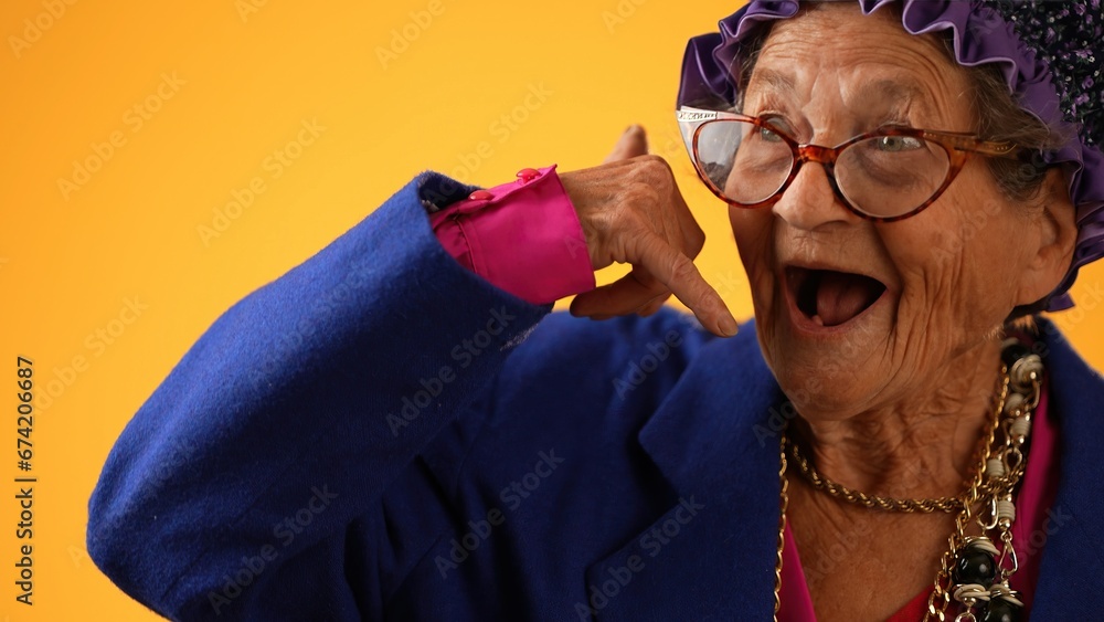 Funny closeup view of smiling happy elderly senior old woman with ...