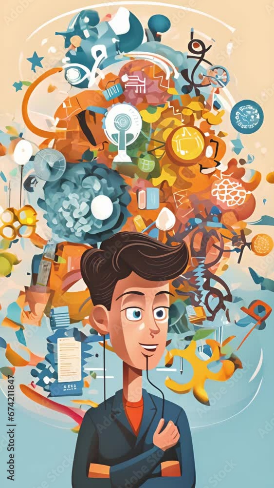 The character is shown battling cognitive distortions, with thought ...