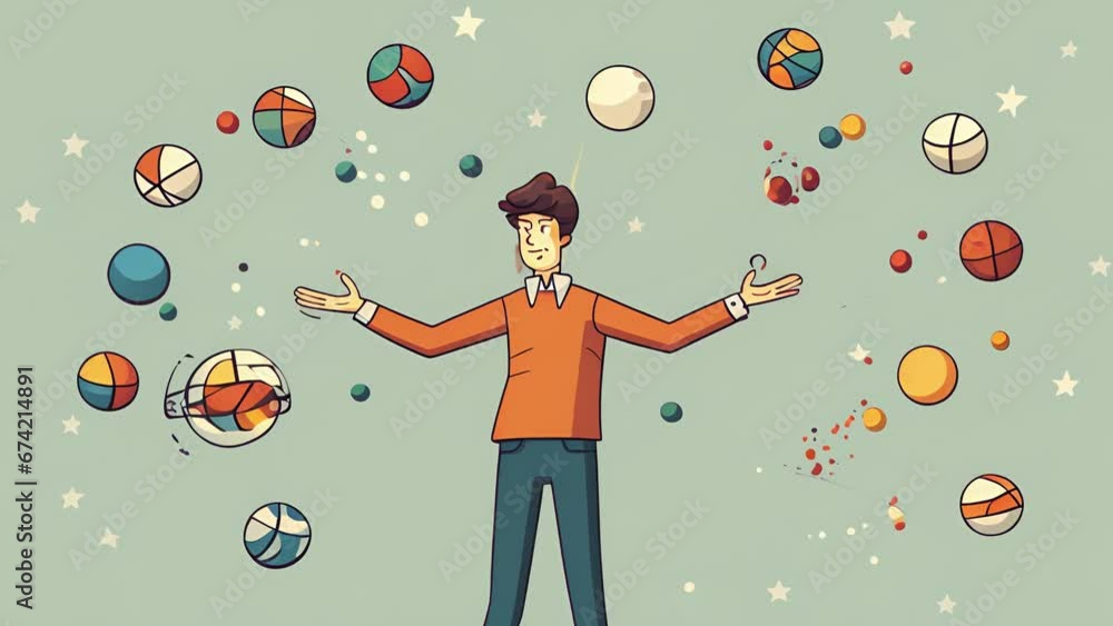 A character is shown juggling multiple balls labeled with different ...