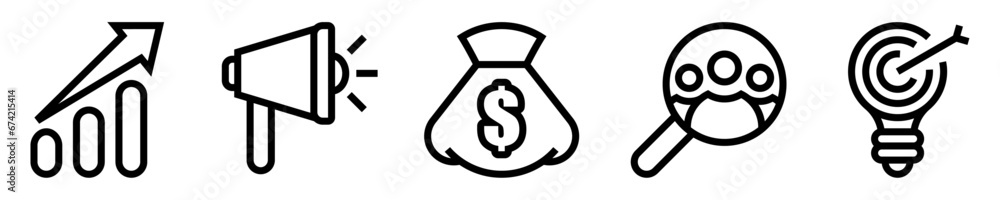 Conjunto de iconos de mercadeo y crecimiento. Gráfico de barras ...
