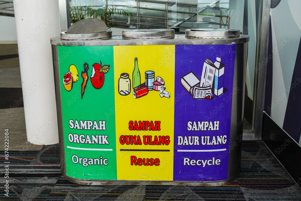 Color coded recycling bins or Various trash containers, garbage Stock ...