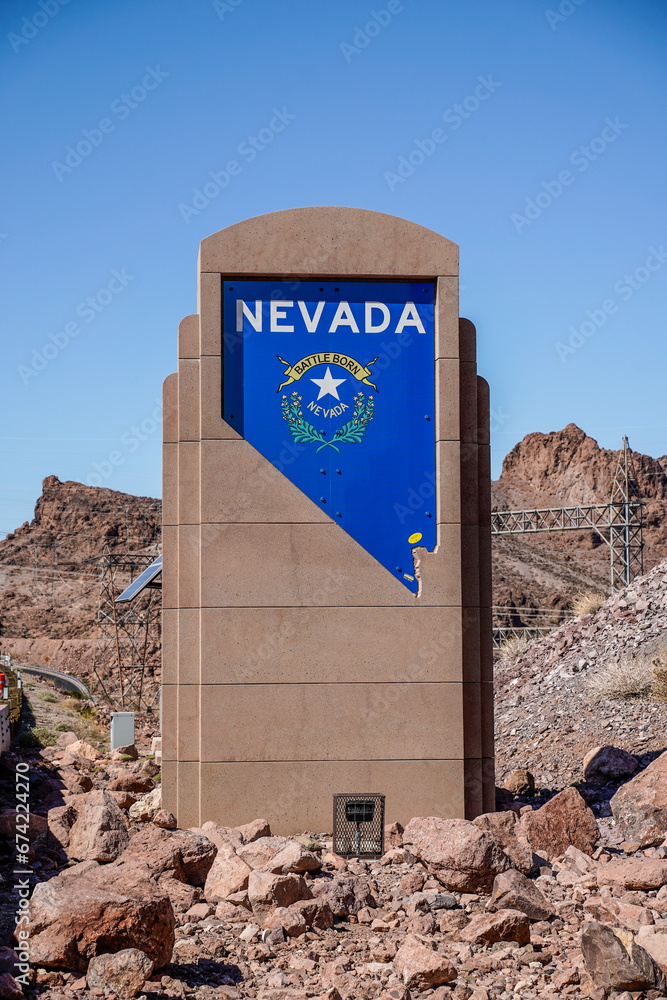 Clark County, Nevada, USA, October 19, 2023. Nevada state sign at the ...