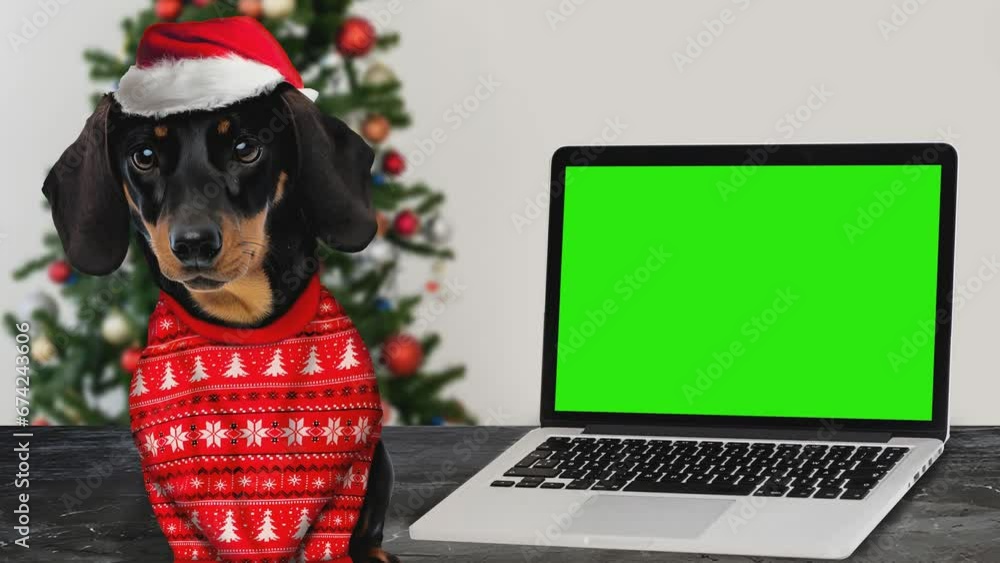 Cute small dachshund dog show notebook screen. Christmas background ...