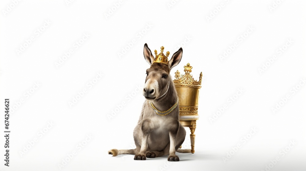 donkey wearing crown sitting on chair isolated on white background ...